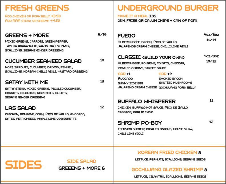 Menu at The Street Eatery restaurant, Calgary