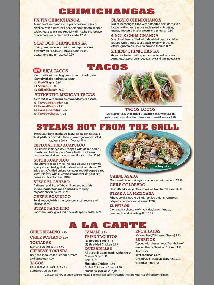 Menu at The Toros Batesville IN. Mexican Restaurant, Batesville