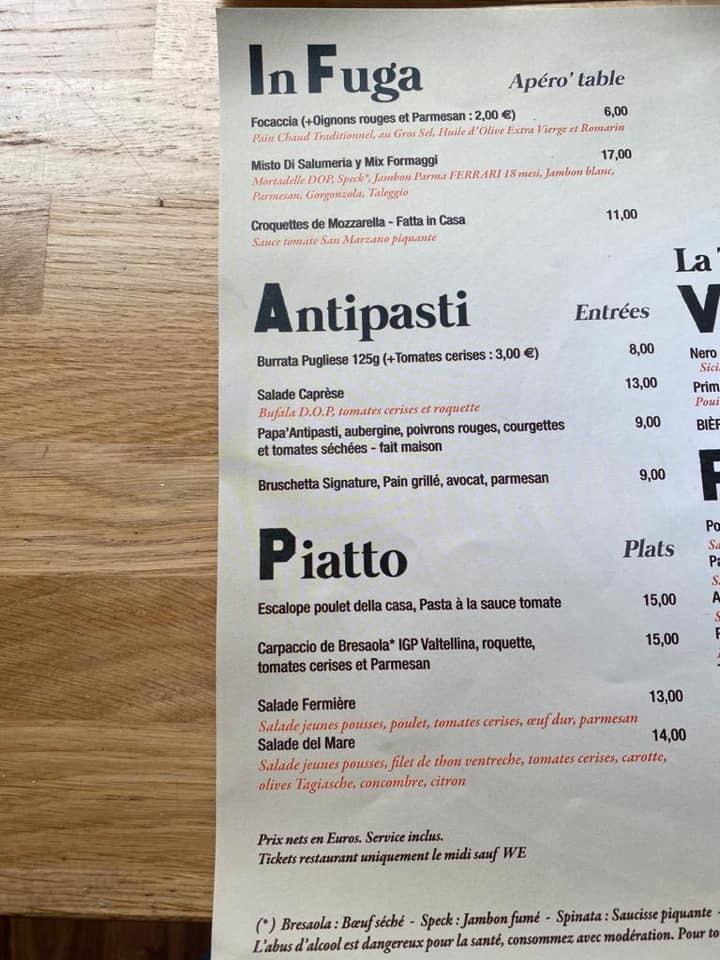 Carta del restaurante Tutto Bene, Paris, 64 Rue Daguerre