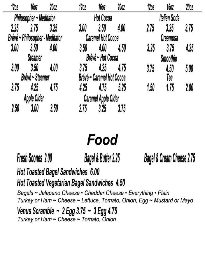 Menu at Venus Rising Espresso House coffee house, Butte, 113 Hamilton St