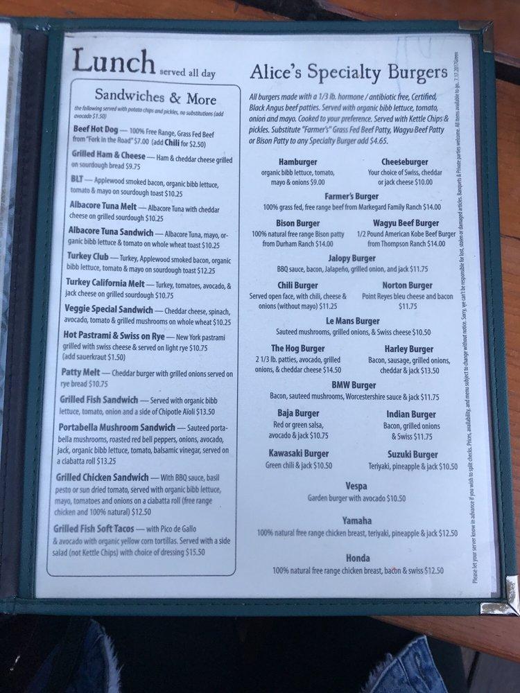 Menu at Alice's Restaurant, Woodside, Skyline Blvd