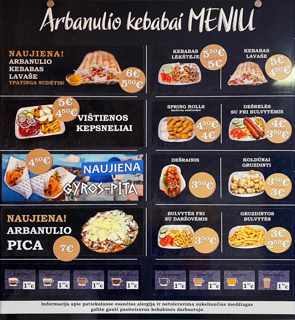Menu at Arbanulio kebabai restaurant, Šiauliai