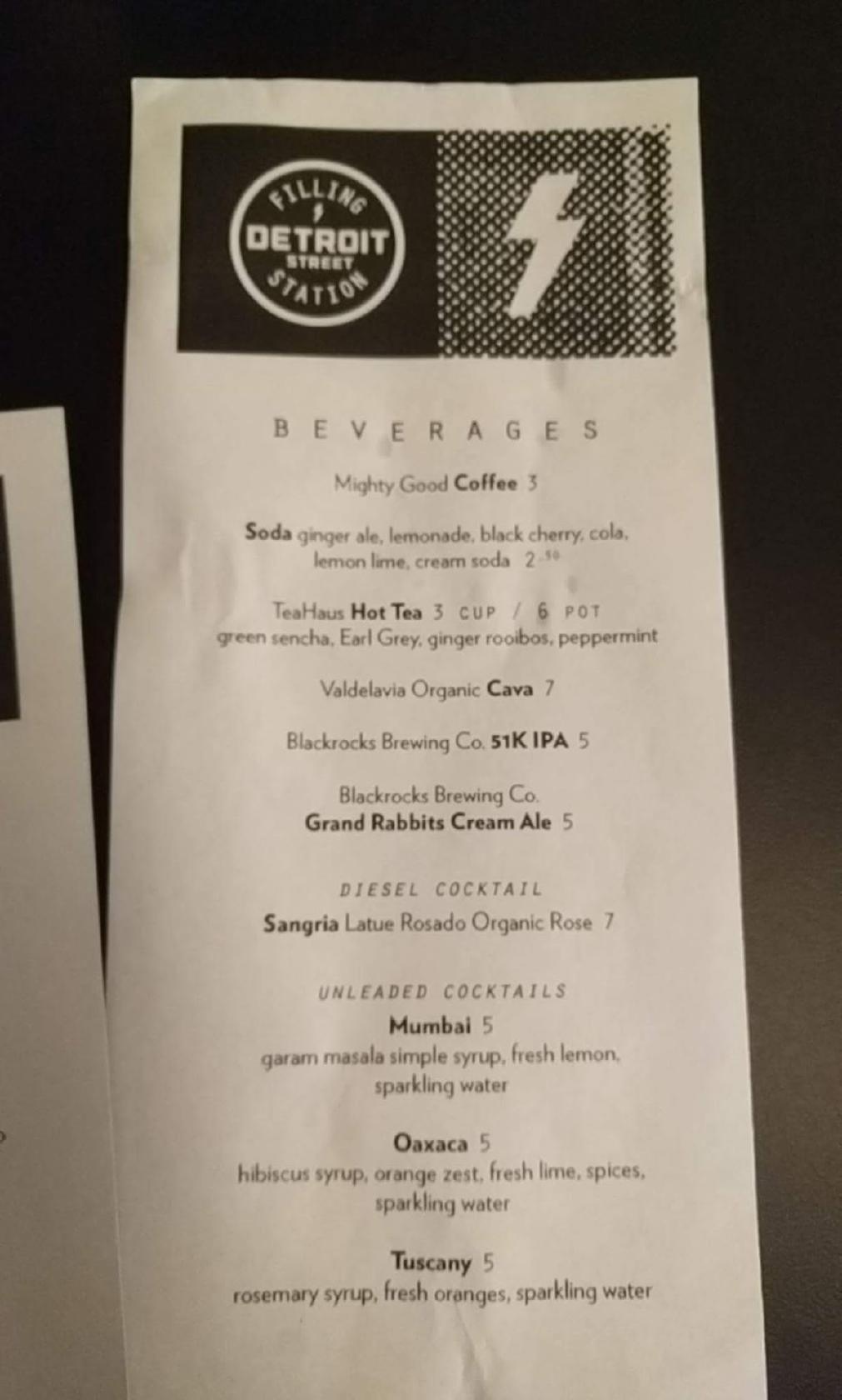 Menu at Detroit Street Filling Station restaurant, Ann Arbor