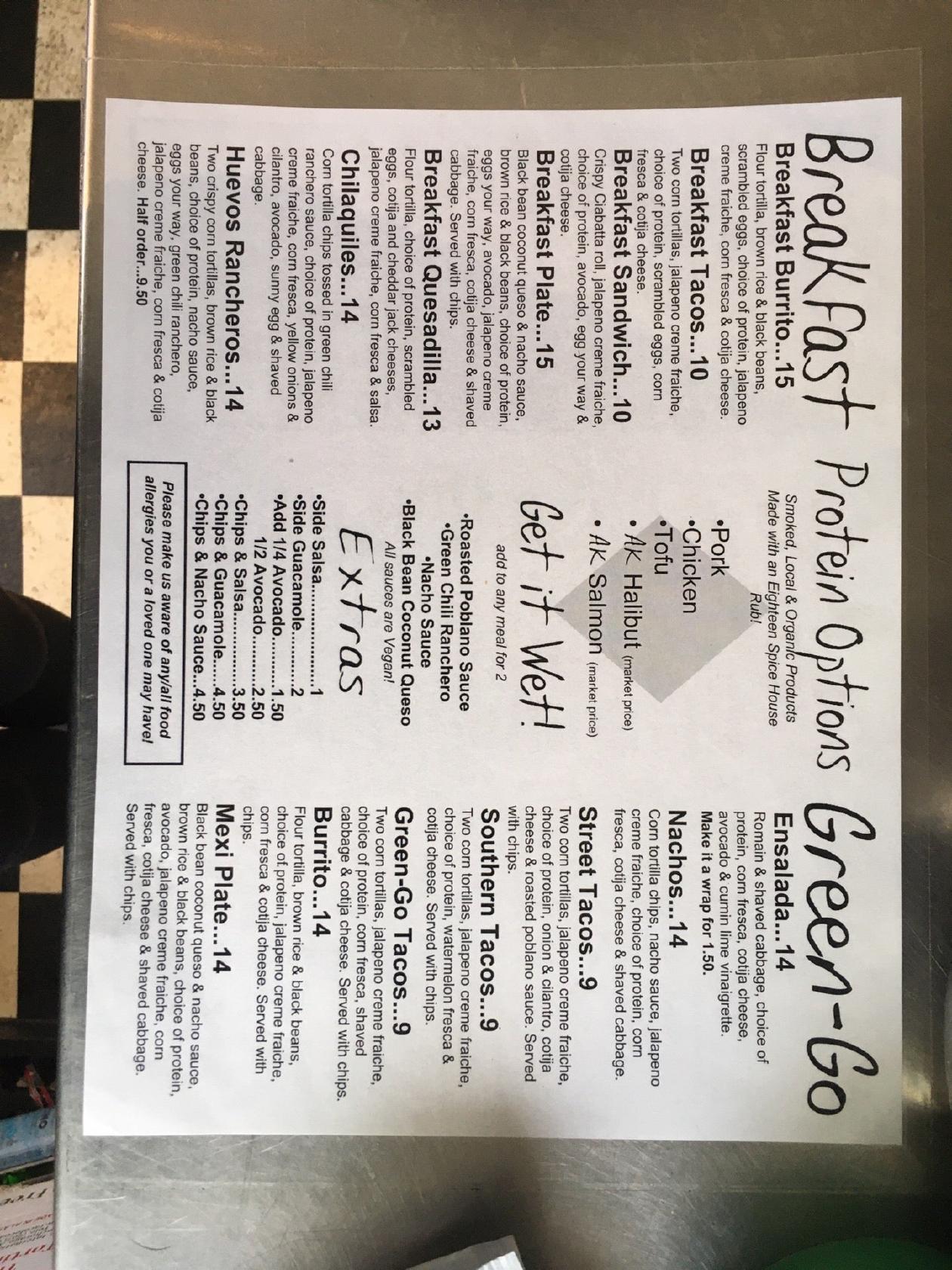 Menu at El Green-Go's restaurant, Anchorage, 390 L St