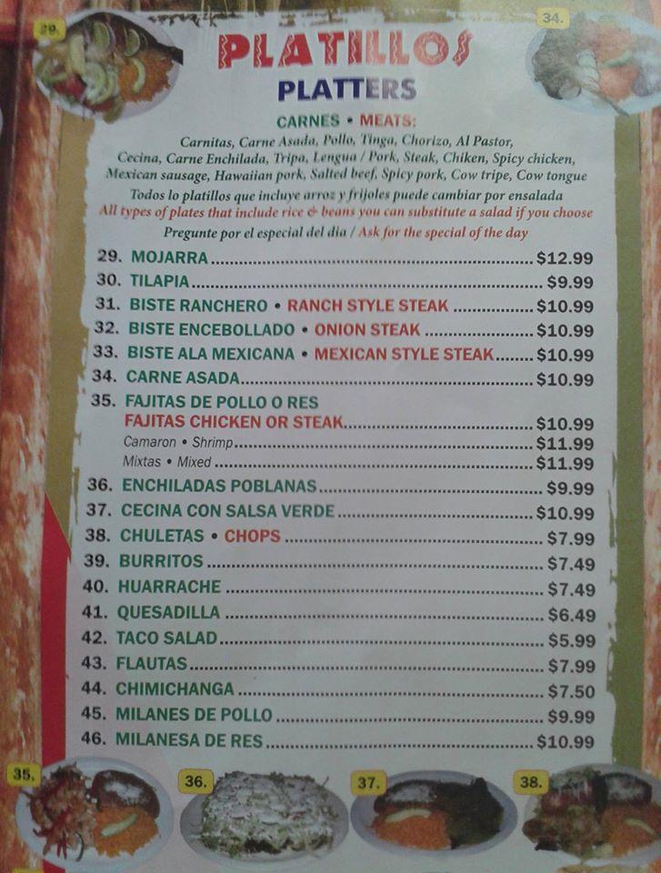 Menu at Tacos El Jalapeño restaurant, Whitehall