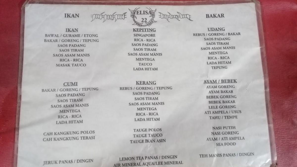 Menu at Elisa 22 Seafood restaurant, Karawang