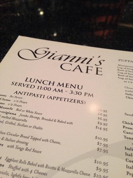 Menu at Gianni's Cafe, Kildeer
