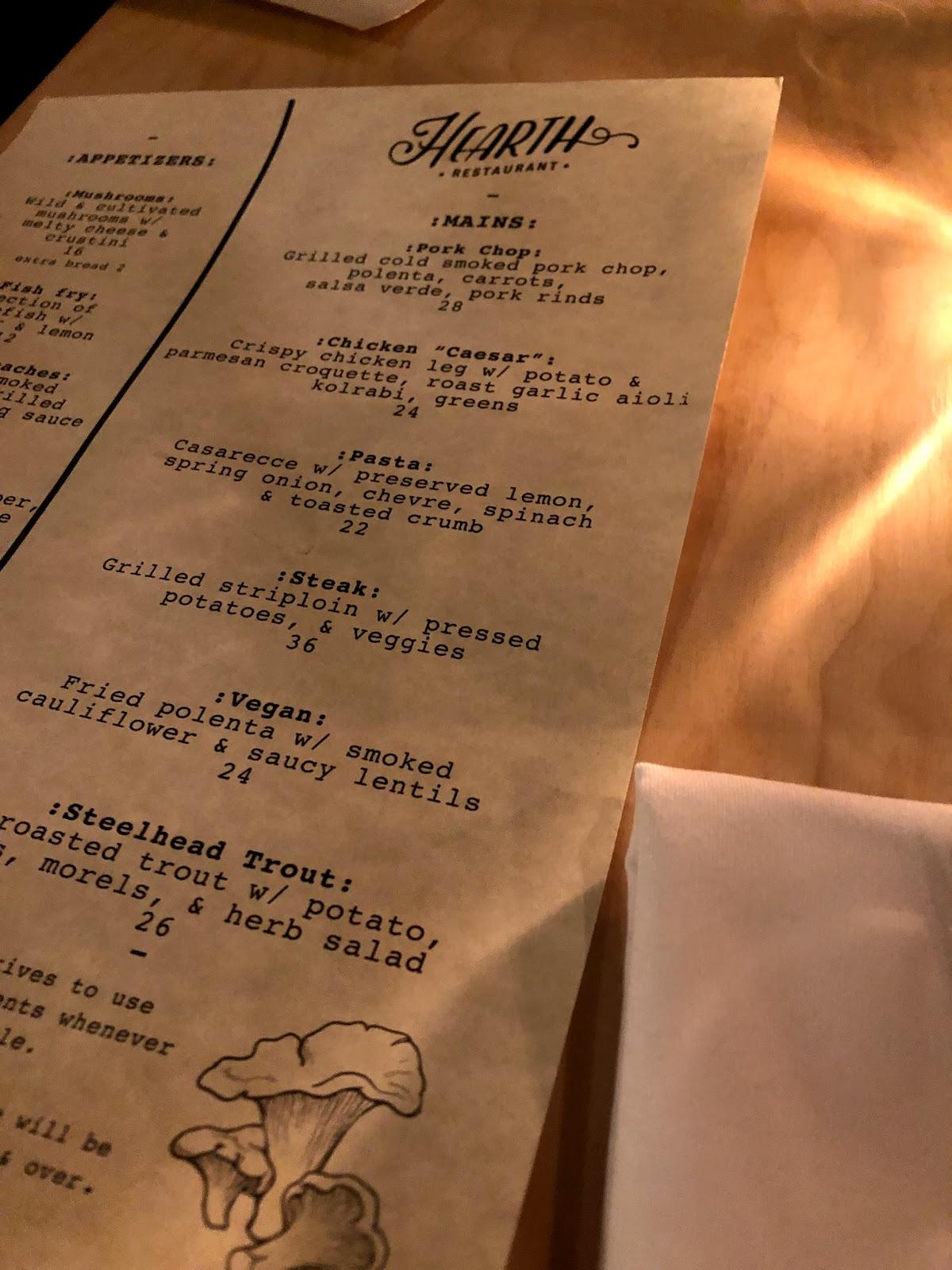 Menu at Hearth Restaurant, Saskatoon