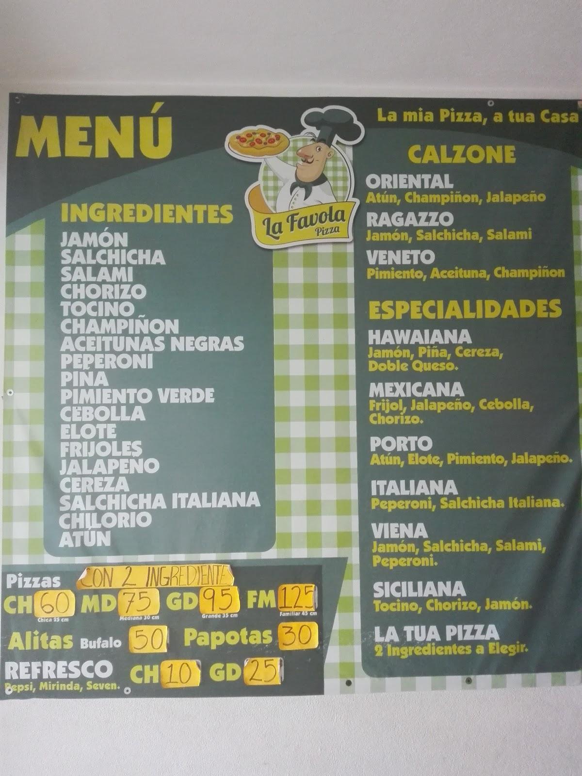 Menu at La Favola Pizza restaurant, Zapopan