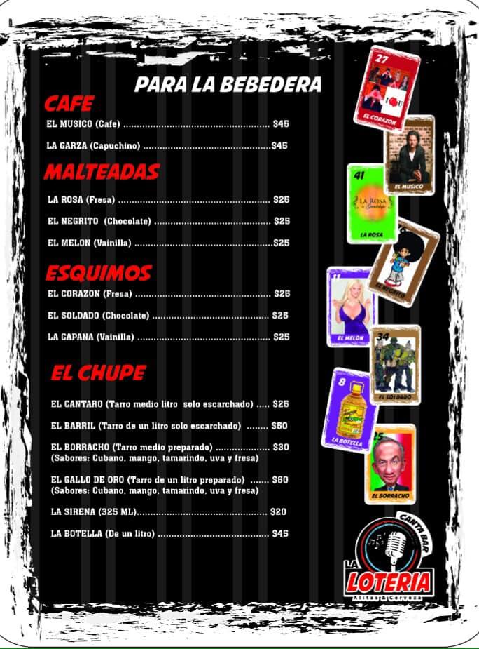 Menu at La lotería restaurant, Jocotitlán
