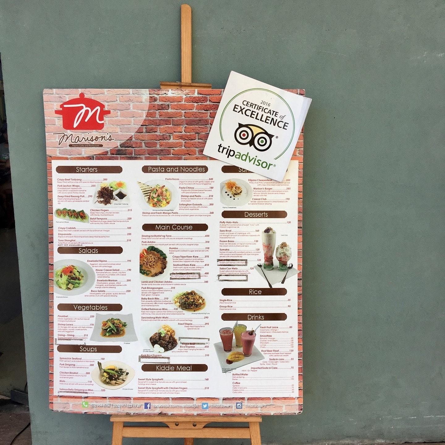Menu at Marison’s restaurant, Antipolo, 1870 L. Sumulong Memorial Circle