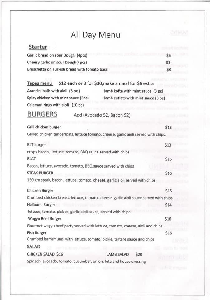 Menu at Mate’s restaurant and bar, Wynnum