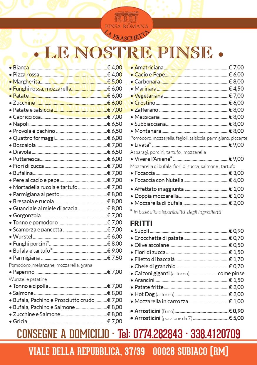 Menu da Pinsa Romana 'La Fraschetta' pizzeria, Subiaco