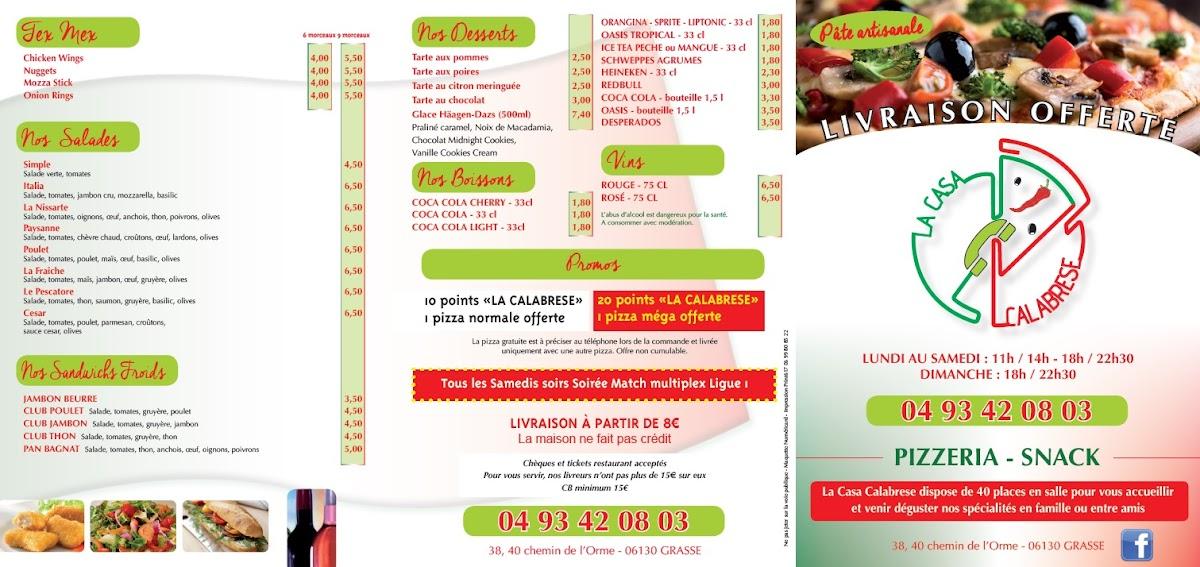 Carta de Pizzeria La Casa Calabrese, Grasse, 38 Chem. de l'Orme