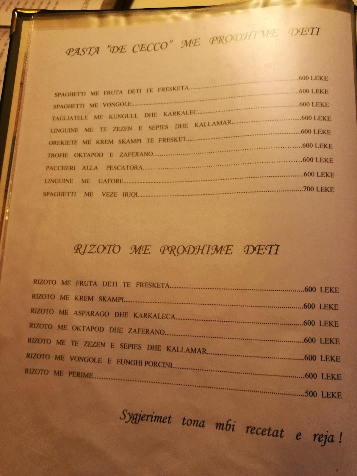 Menu at Restaurant San Giorgio Al Porto, Vlorë