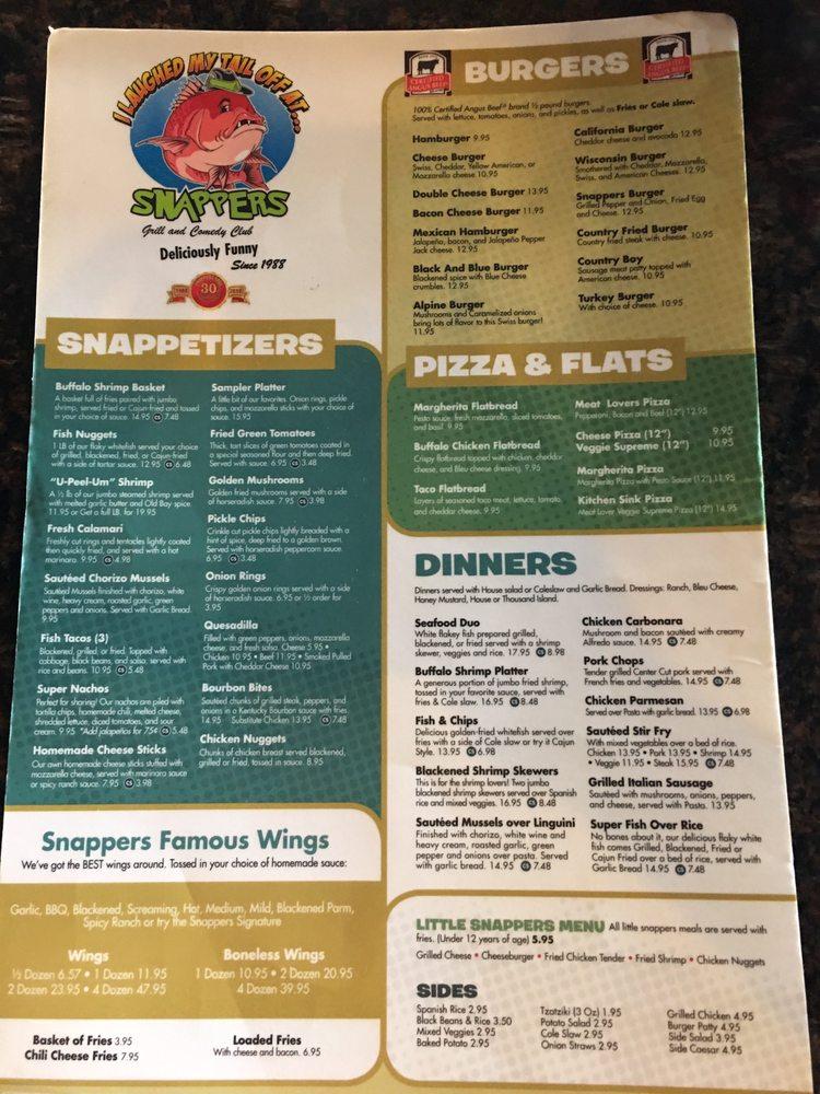 Menu at Snappers Grill & Comedy Club, Palm Harbor, US Hwy 19 N