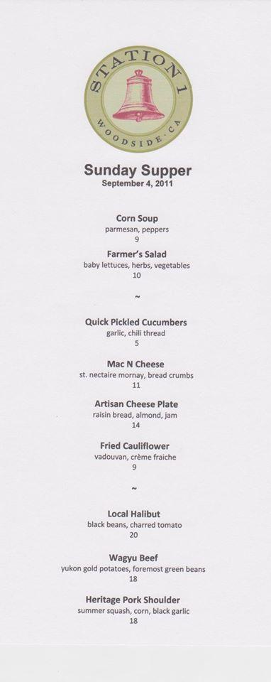 Menu at Station 1 Restaurant, Redwood City