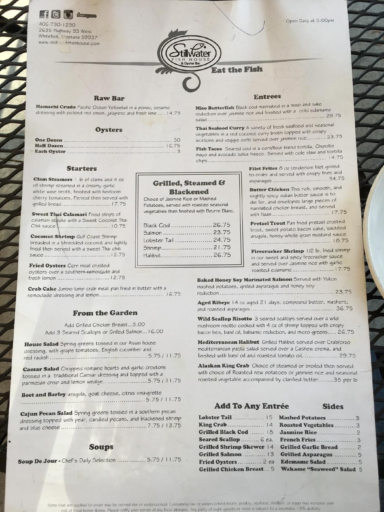 Menu at Stillwater Fish House restaurant, Whitefish