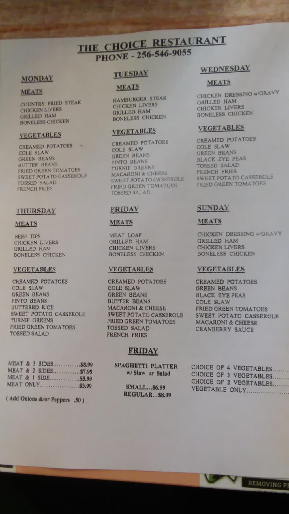 Menu at The Choice restaurant, Gadsden, 531 Broad St