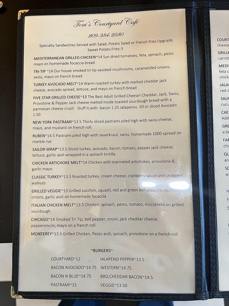 Menu at Toni's Courtyard Café cafe, Merced