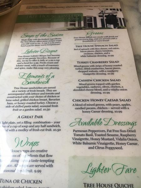 Menu at Tree House restaurant, Avon