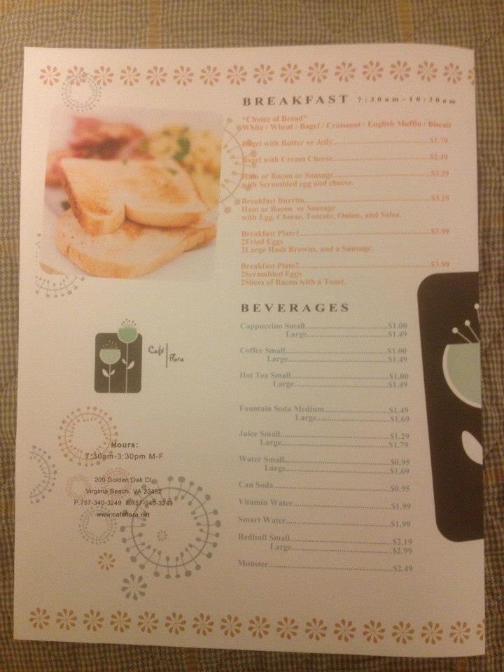 Menu at Flora's Cafe, Virginia Beach