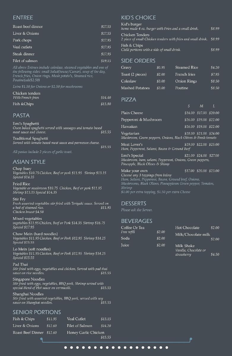 Menu at Emi's Restaurant, Elkford