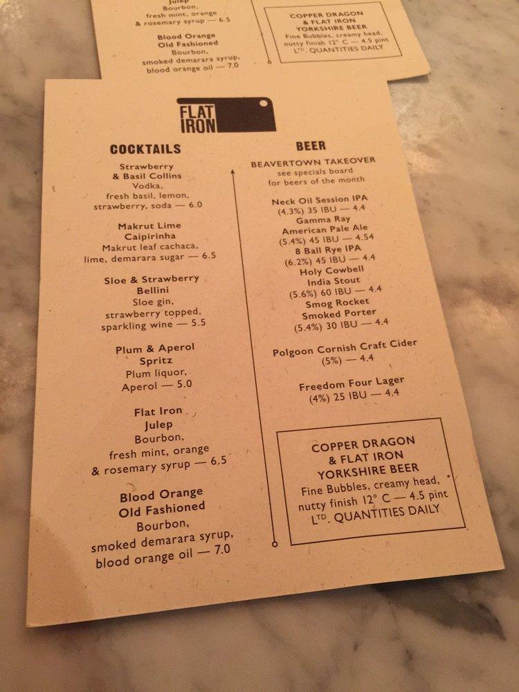 Menu at Flat Iron Covent Garden steakhouse, London, 17-18 Henrietta St