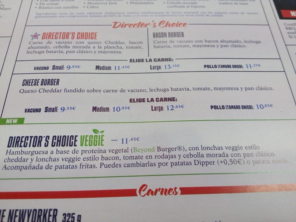 Menu at Foster's Hollywood restaurant, Mataró