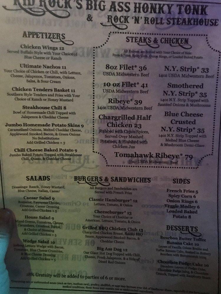 Menu at Kid Rock's Big Ass Honky Tonk Rock N' Roll Steakhouse, Nashville