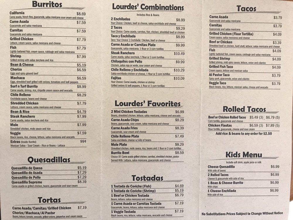 Menu at Lourdes Mexican Food restaurant, San Marcos