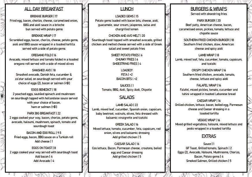 Menu at Parx Coffee House Abbotsbury, Abbotsbury