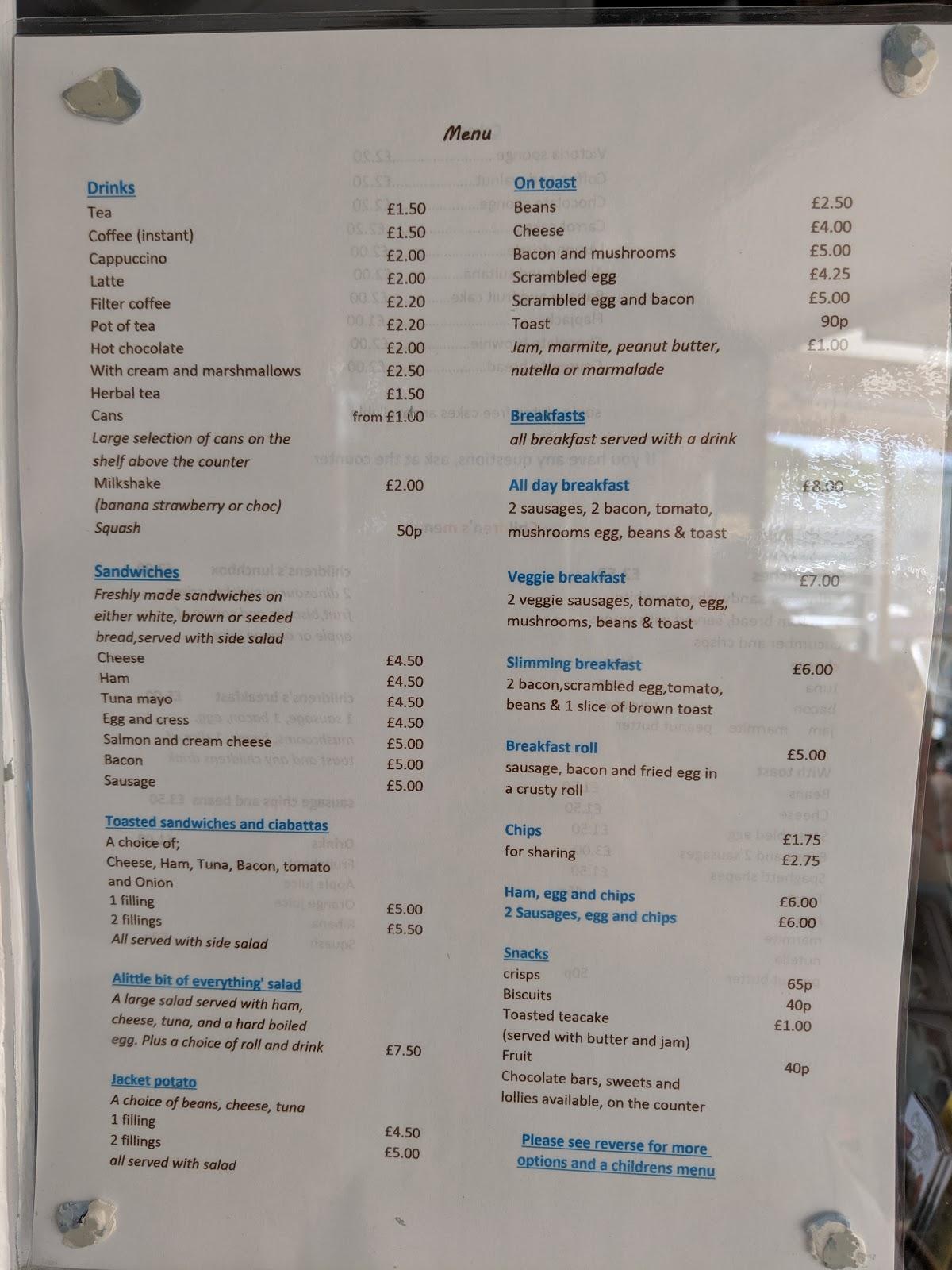 Menu at Pit Stop Cafe, Southwold