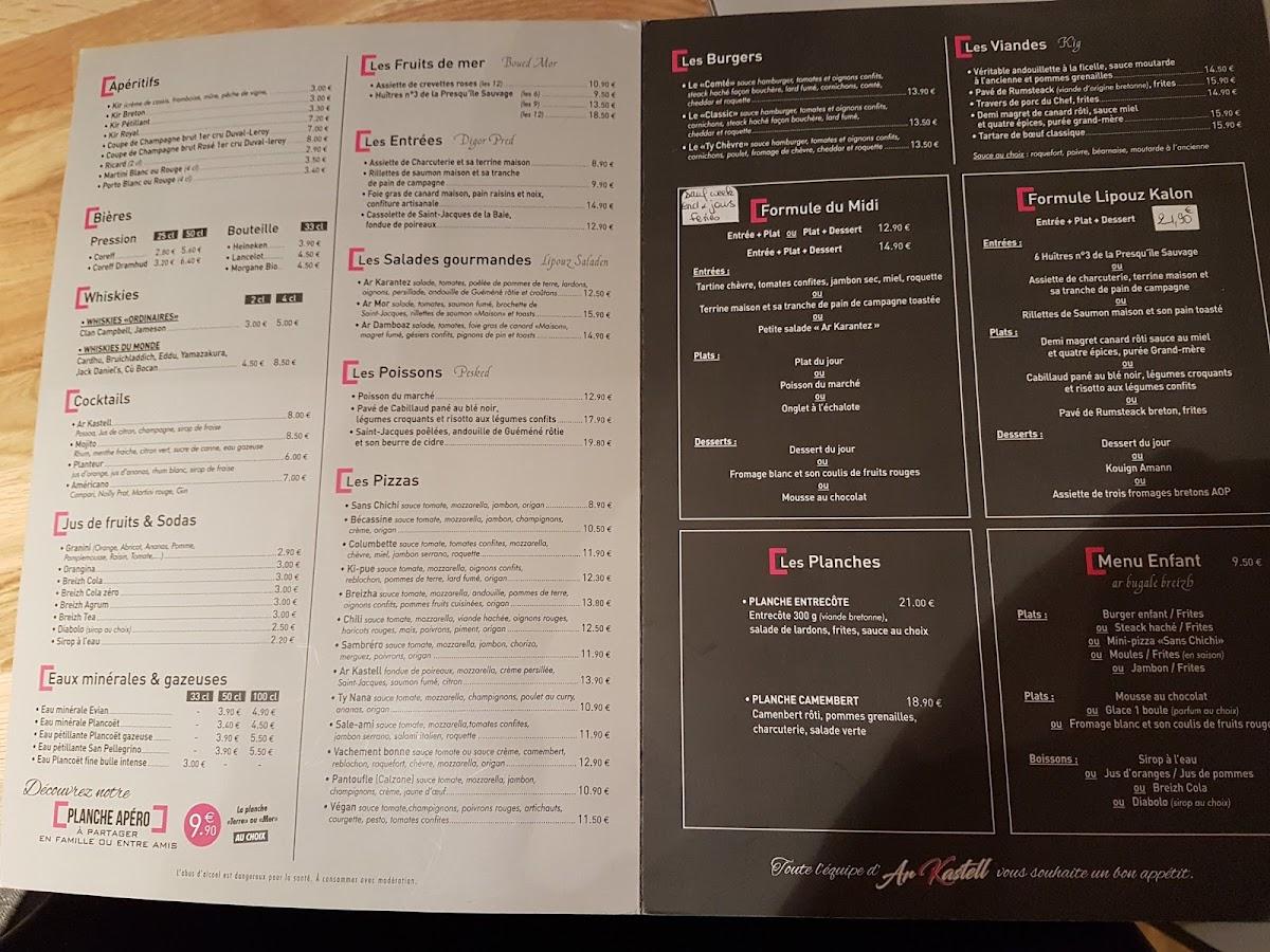 Menu au Ar Kastell restaurant, Quintin