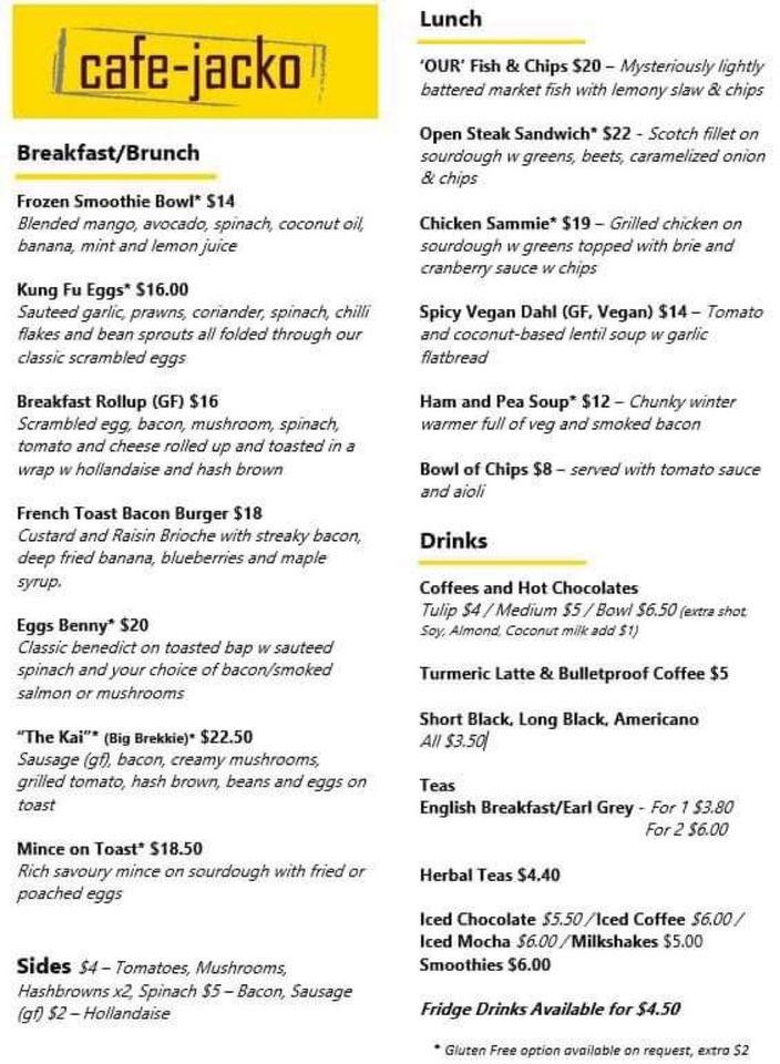 Menu at Cafe Jacko, Palmerston North