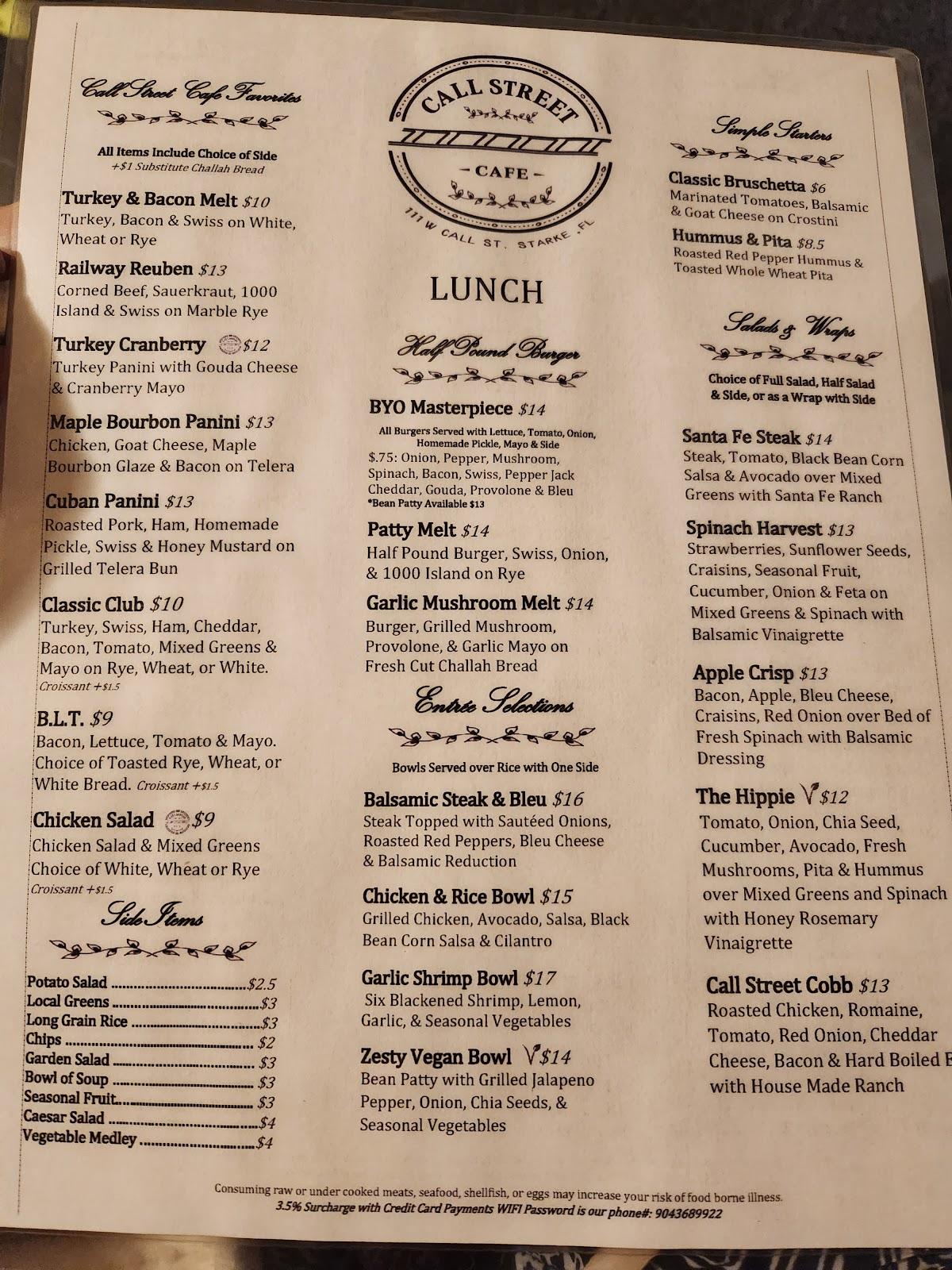 Menu at Call Street Cafe, Starke