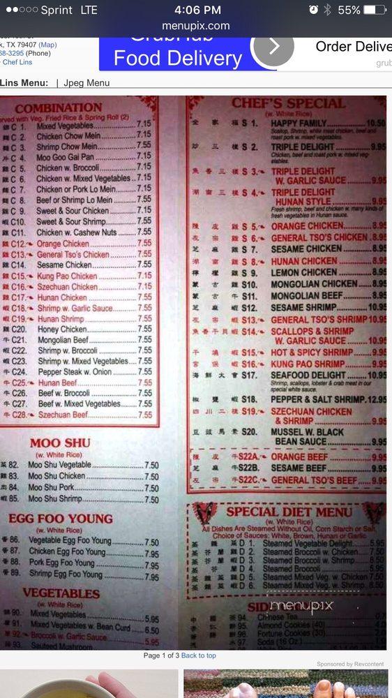 Menu at Chef Lin's To Go restaurant, Lubbock