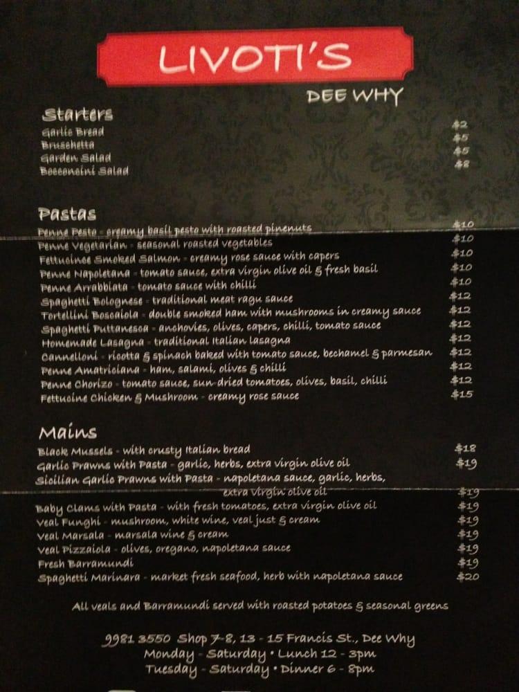 Menu at Livoti's Italian restaurant, Dee Why