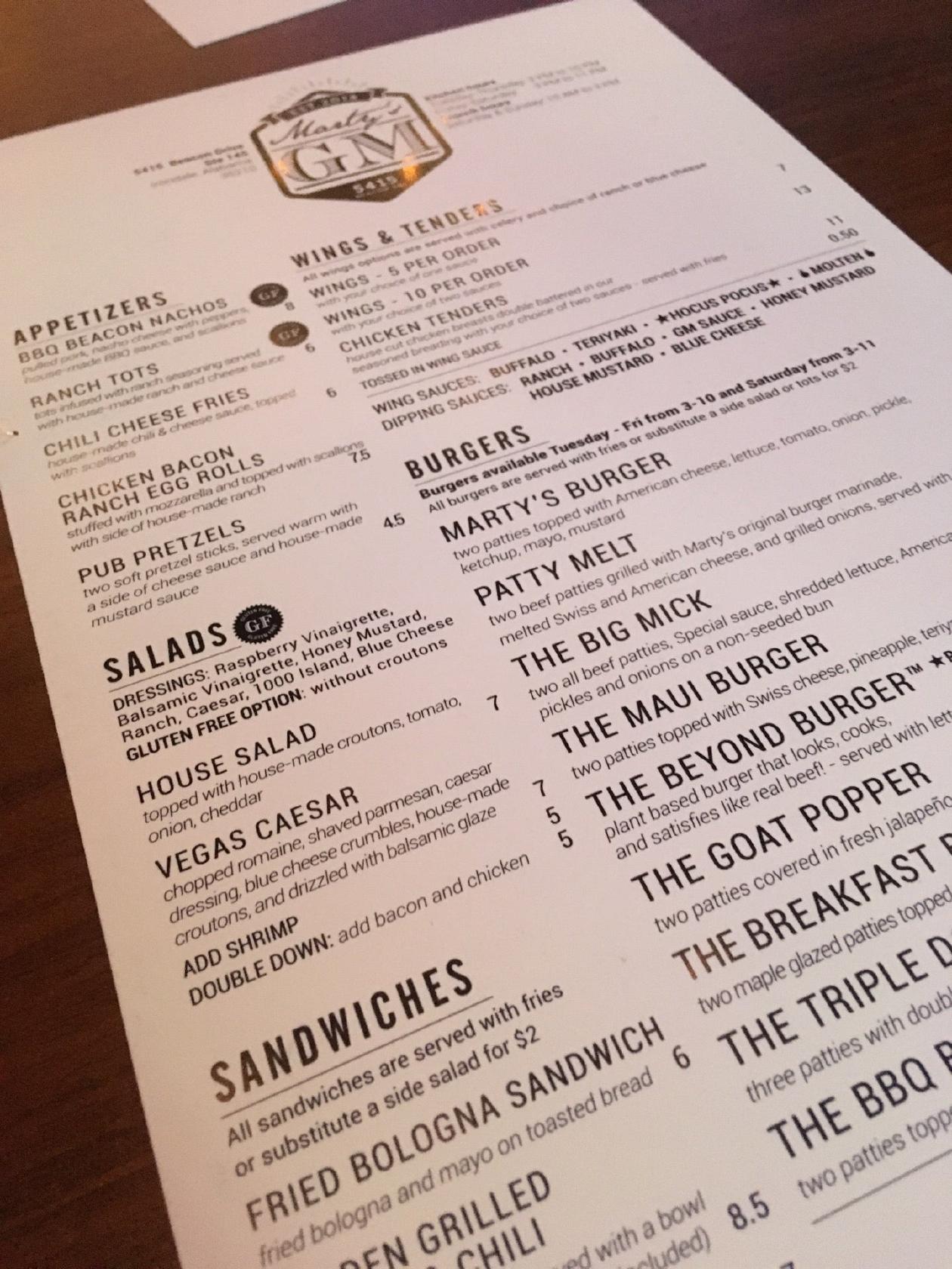 Menu at Marty's GM & Eagle's Nest pub & bar, Irondale