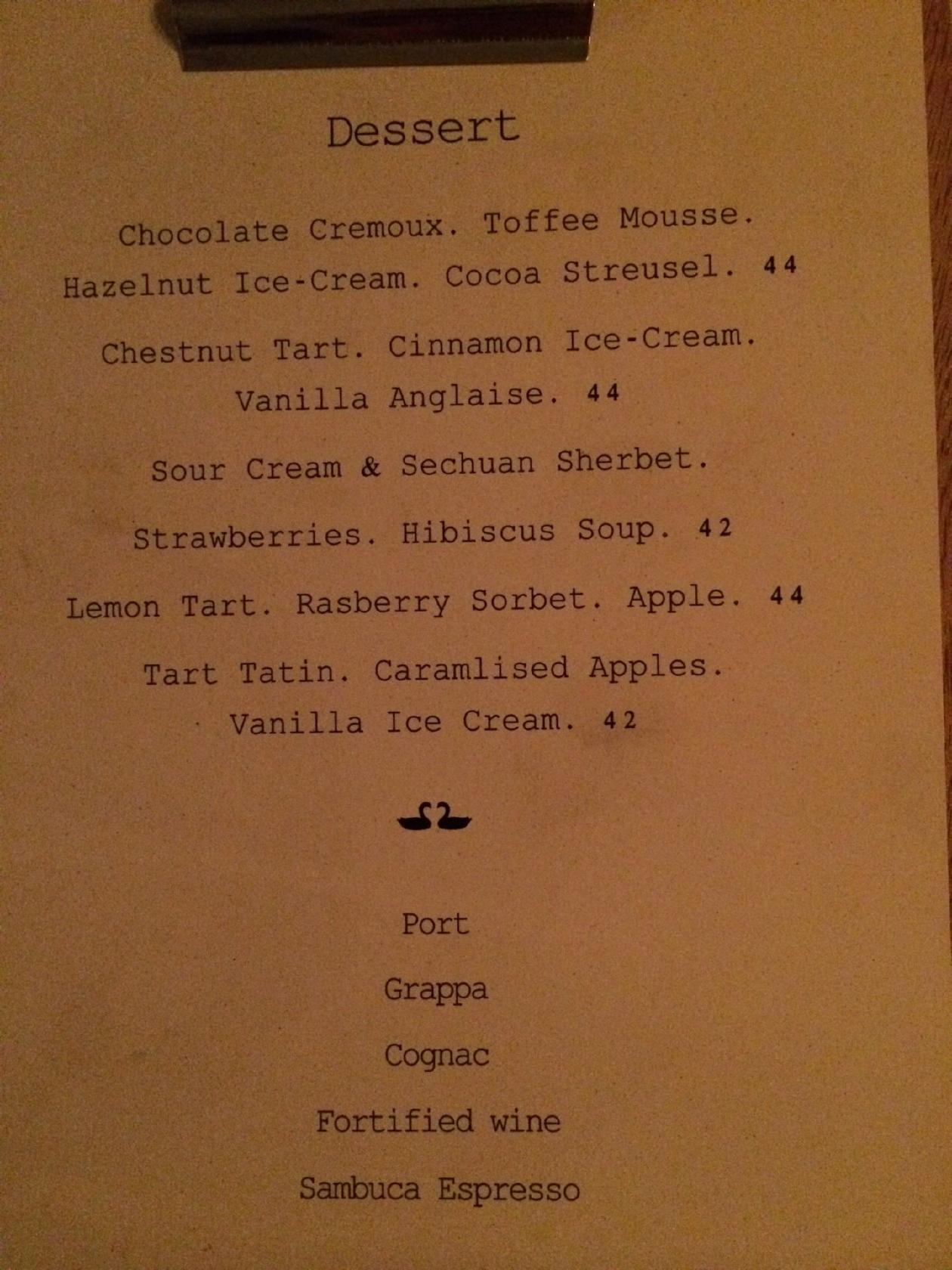 Menu at Mona restaurant, Jerusalem