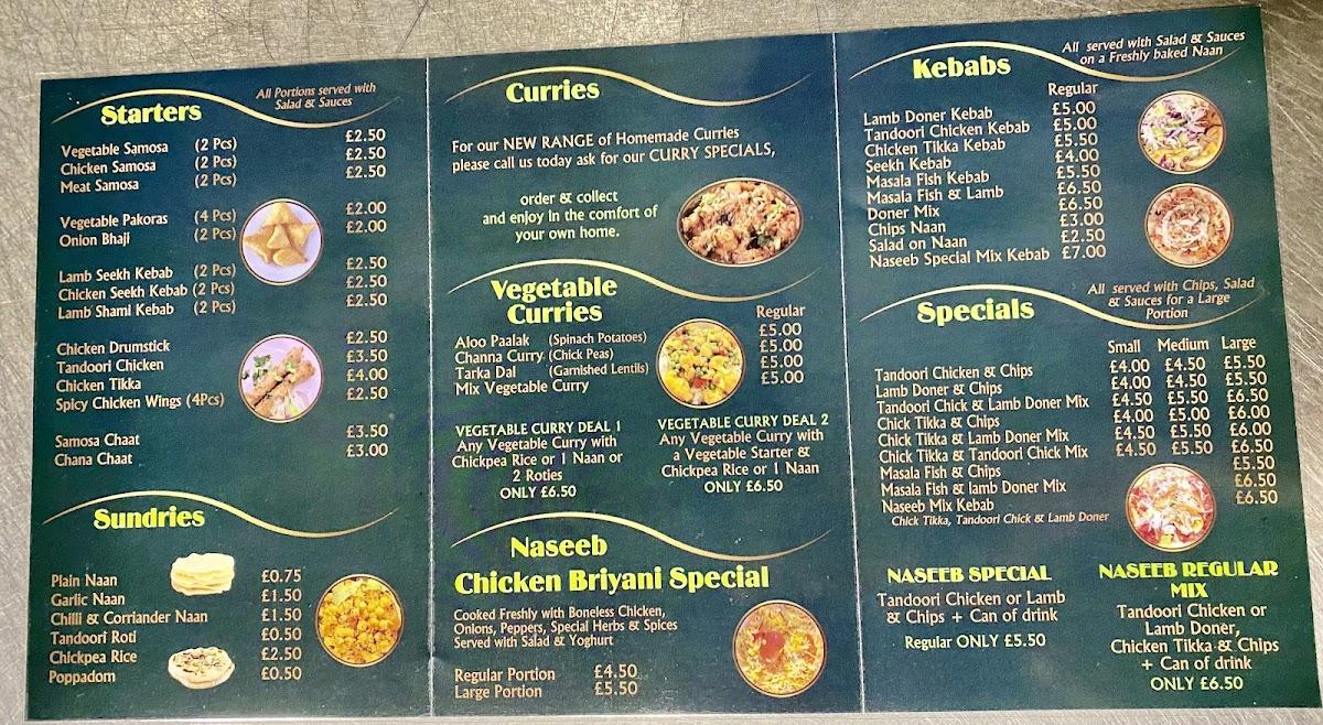 Menu at Naseeb Takeaway fast food, Nottingham