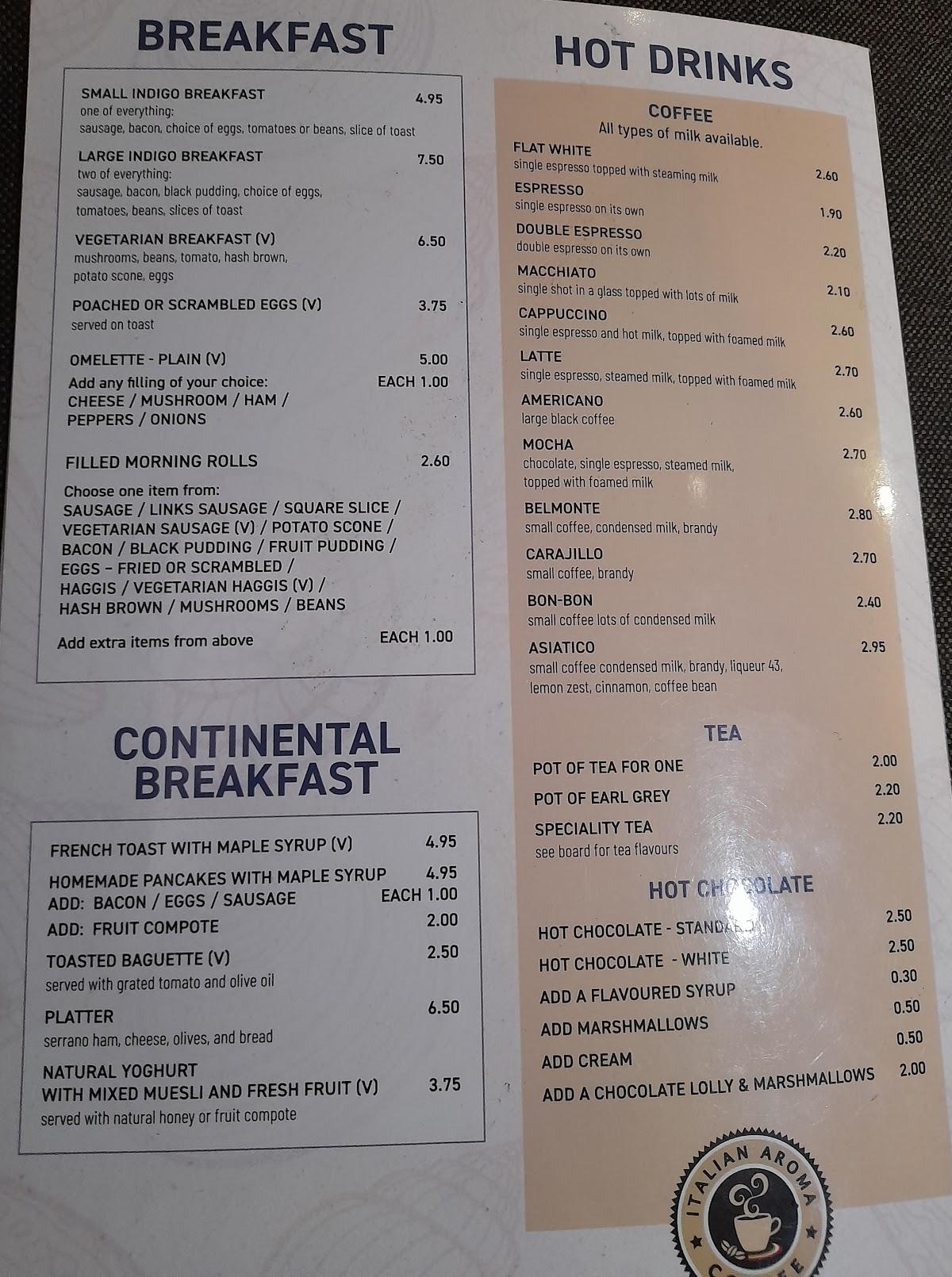 Menu at Indigo eats cafe, Largs