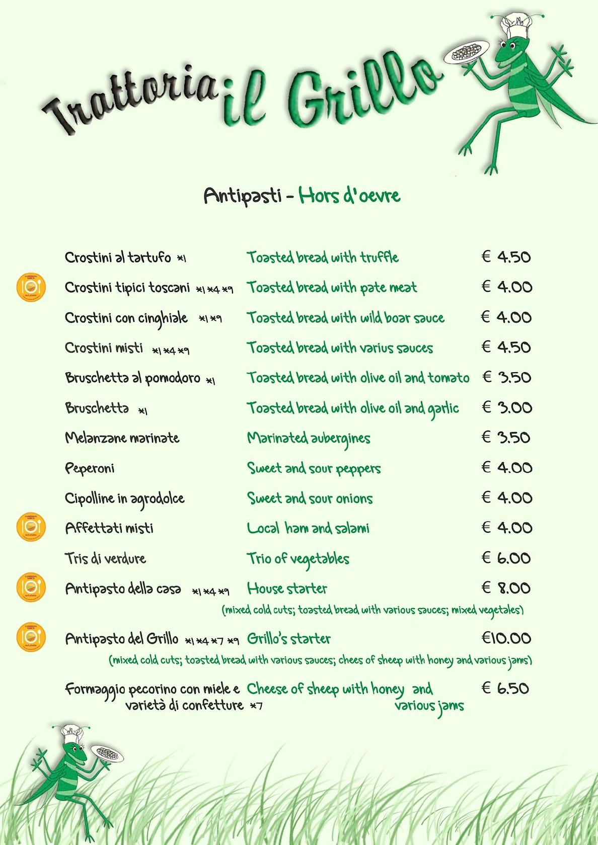 Menu at Trattoria Il Grillo restaurant, Pitigliano