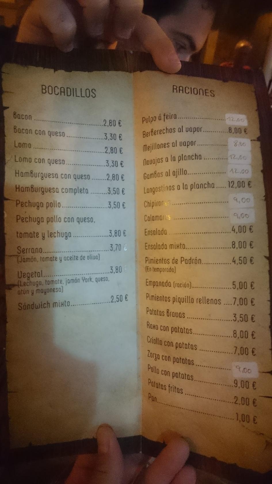 Menu at A Taberna restaurant, Muros