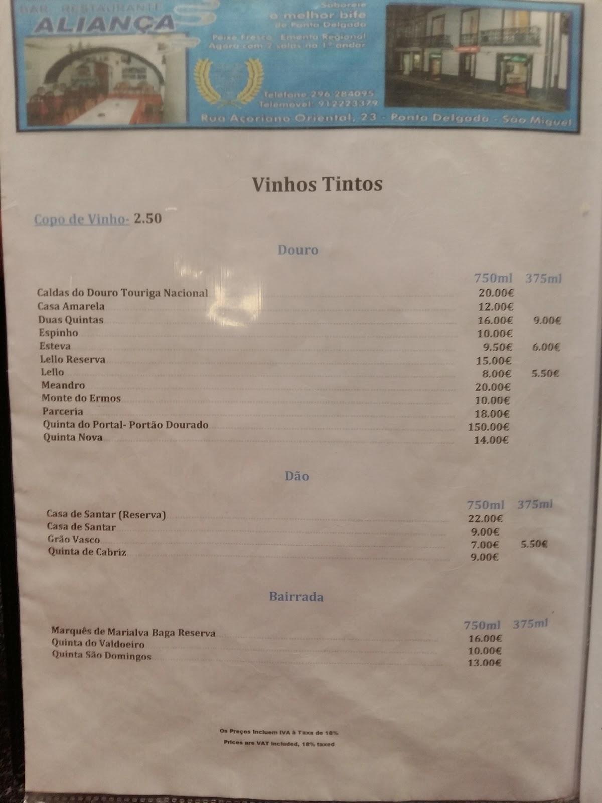 Menu em Bar-Restaurante Aliança, Ponta Delgada