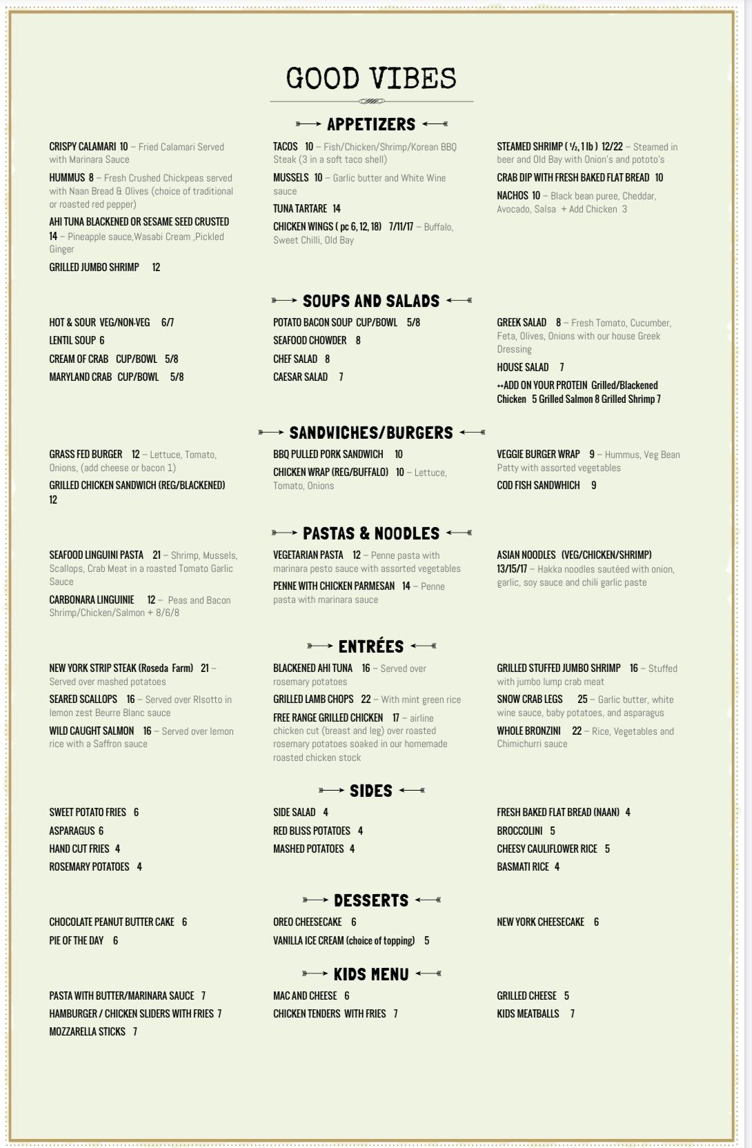 Menu at Good Vibes Restaurant Bar, Baltimore