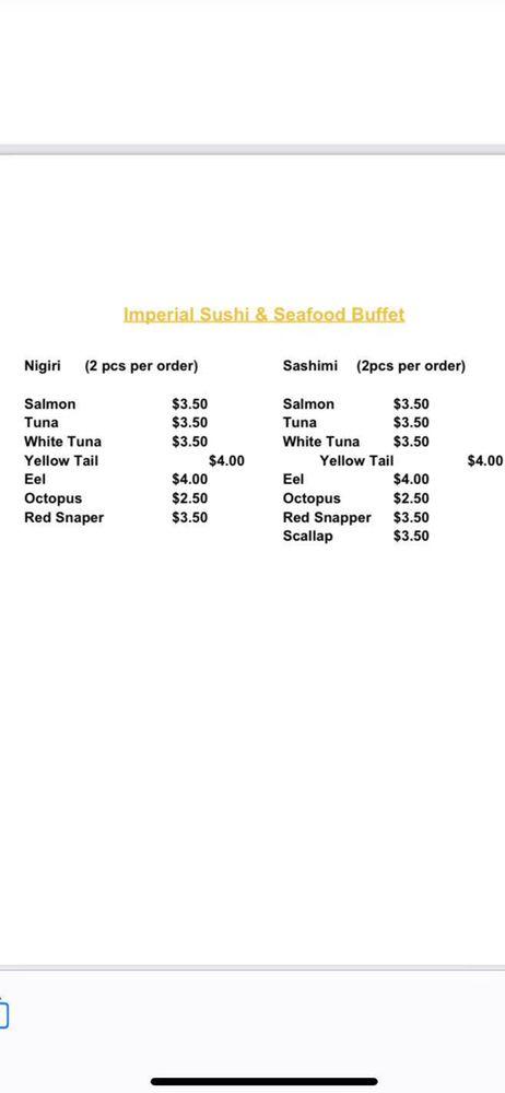 Menu at Imperial Sushi Seafood Buffet restaurant, Las Vegas, Spring ...