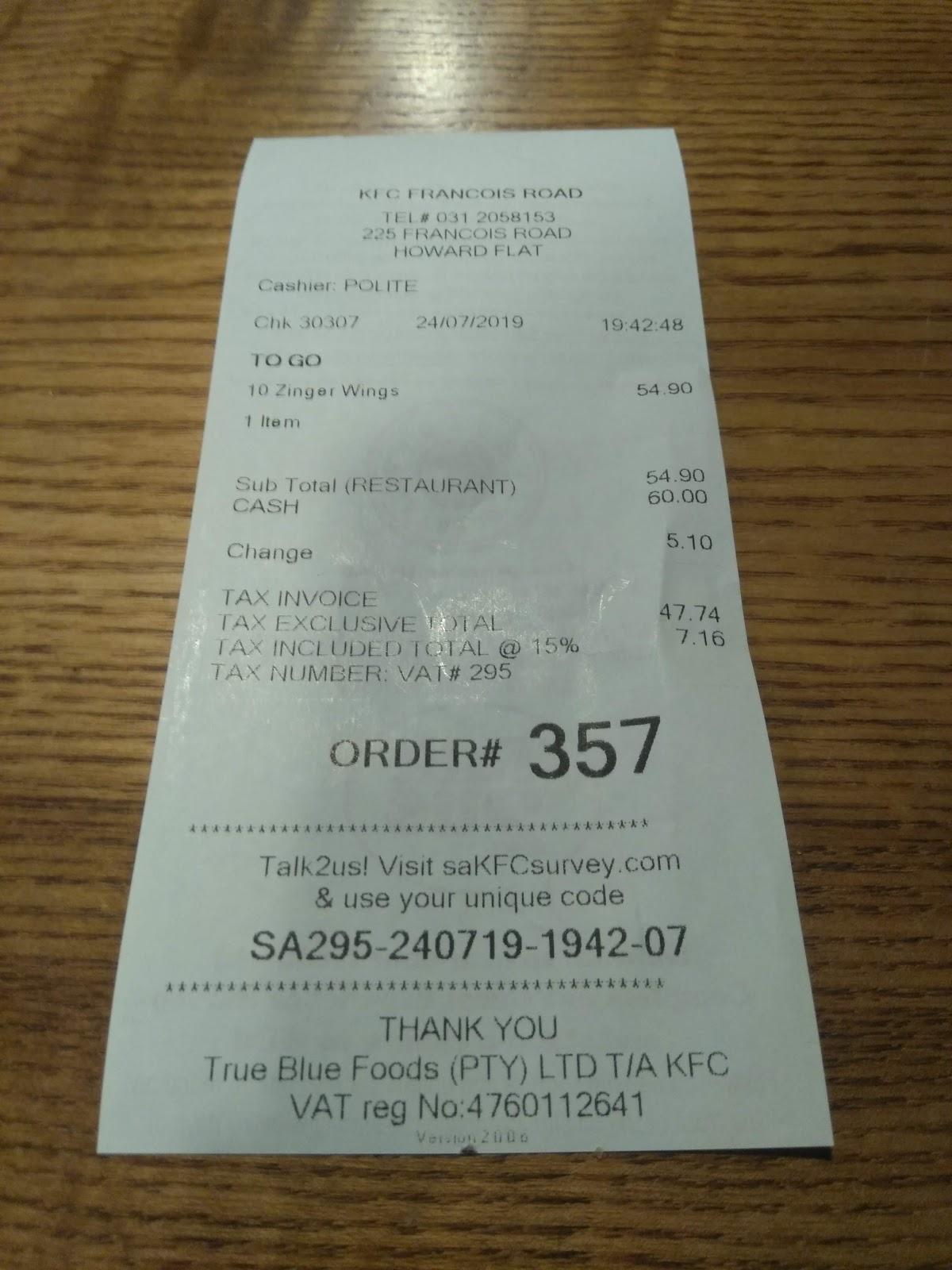 Menu at KFC Francois Road restaurant, Durban