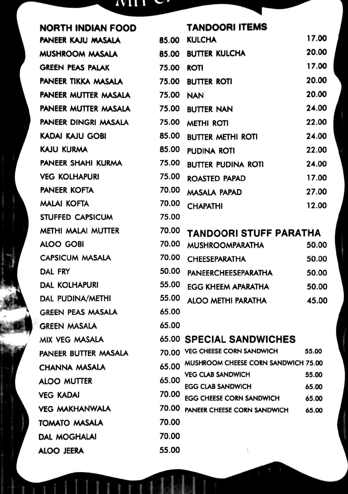 Menu at MIT Cafeteria, Manipal, 9Q2V+R8P