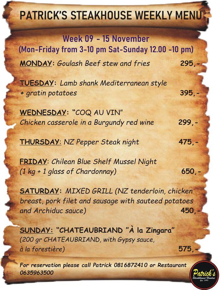 Menu at Patrick's STEAKHOUSE, Pattaya City, 216/51-52